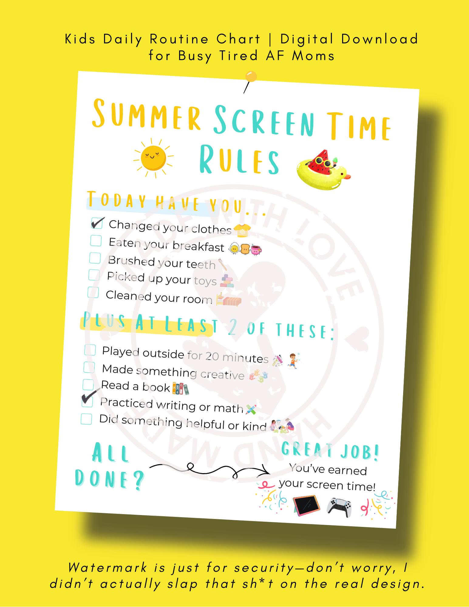 Kids Screen Time Checklist Printable | Daily Routine Chart for Summer ...