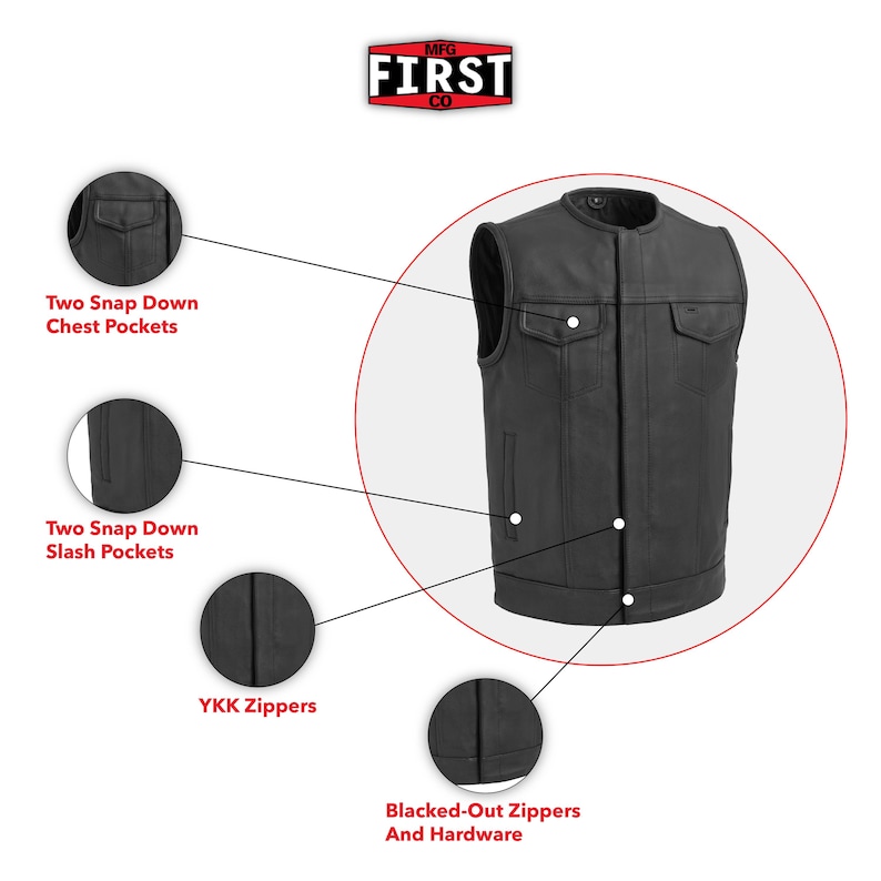 Men’s Club Style Leather Motorcycle Vest – MC Biker Cut With Concealed ...