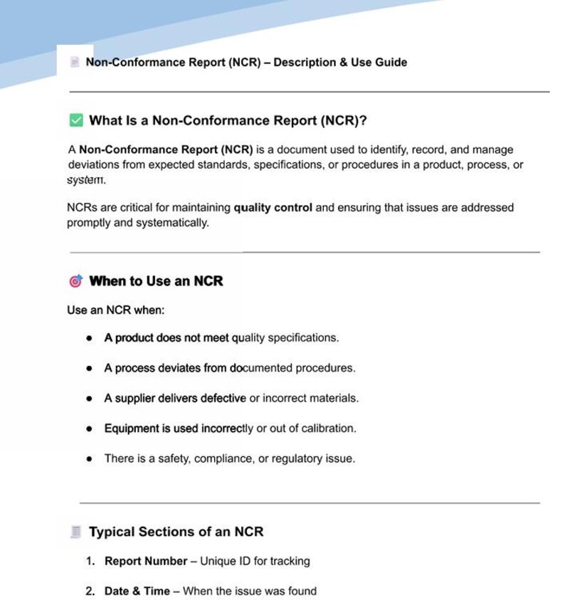 NCR Form – Nonconformance Report | Printable PDF Template | Quality ...