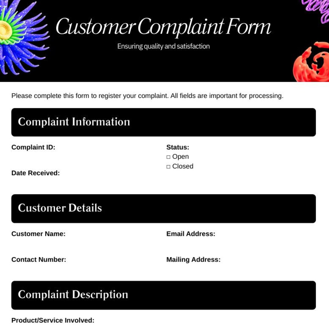 Customer Complaint Form PDF | Quality Complaint Log | CAPA ...