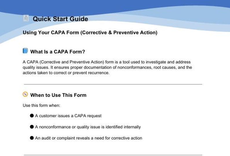 CAPA Form Template With Instructions: Quality Management (PDF) - Etsy