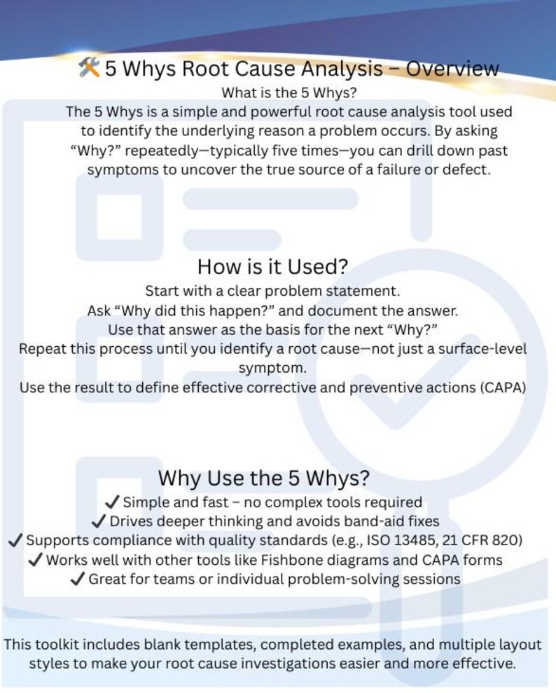 5 Whys Toolkit – Root Cause Analysis Template + Instructions (editable ...
