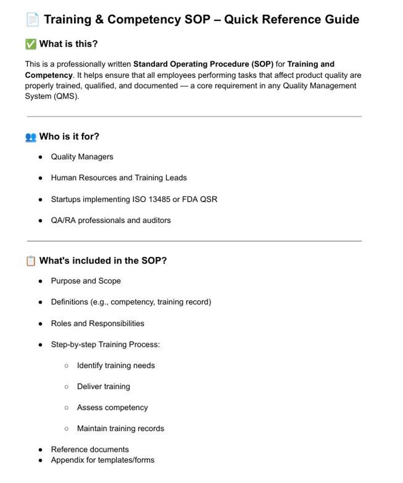 Training and Competency SOP Template | Editable Quality SOP | ISO 13485 ...
