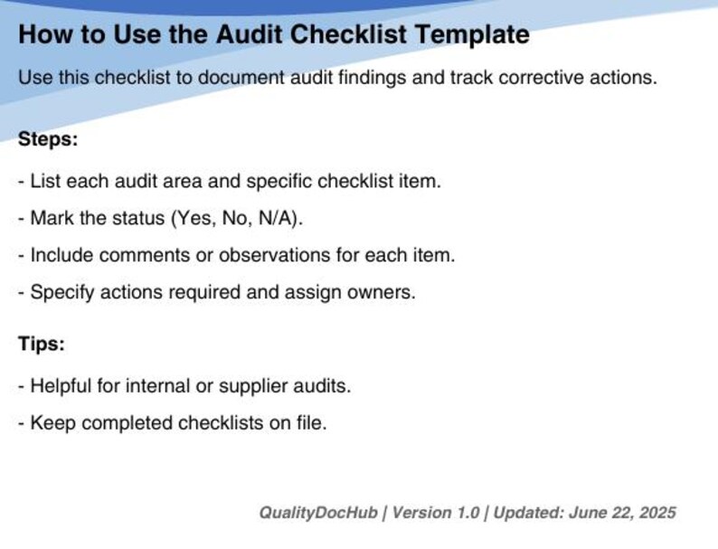 Audit Checklist Template | Printable Google Docs | Internal or Supplier ...