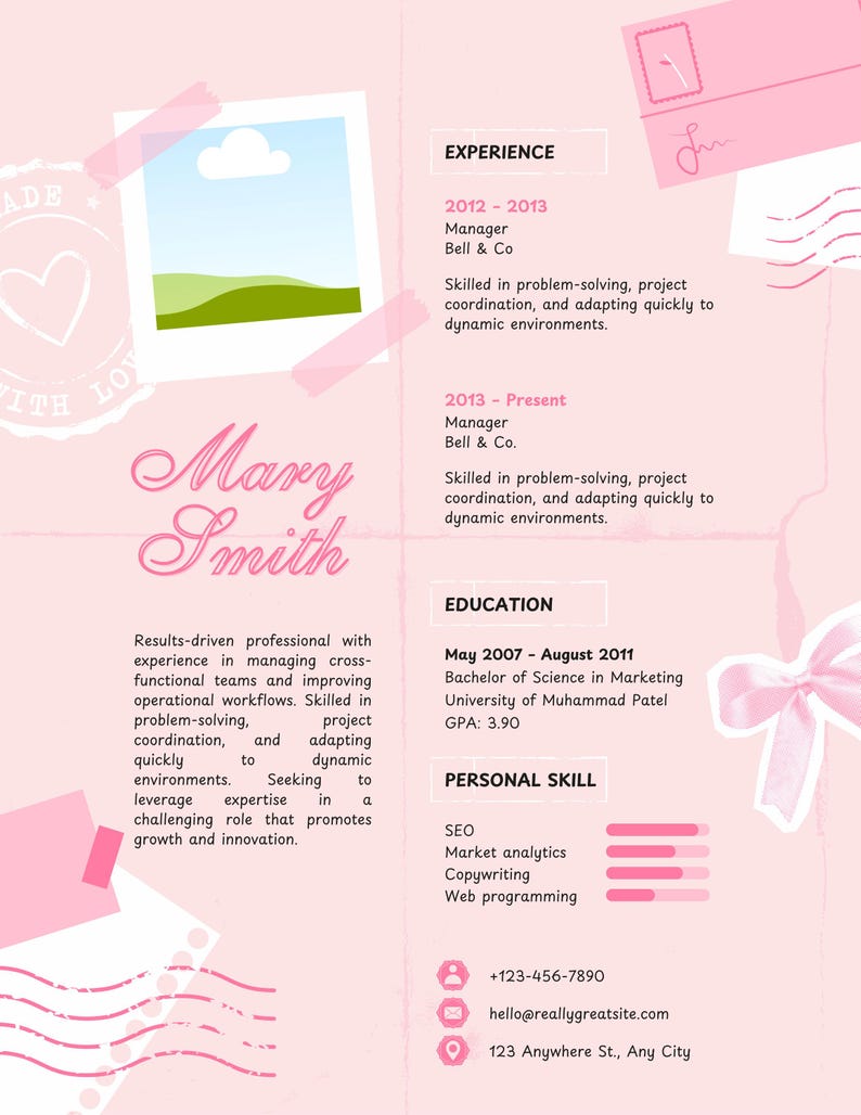 Pink Bow Resume Template for Word | CV Design | Professional Blush ...