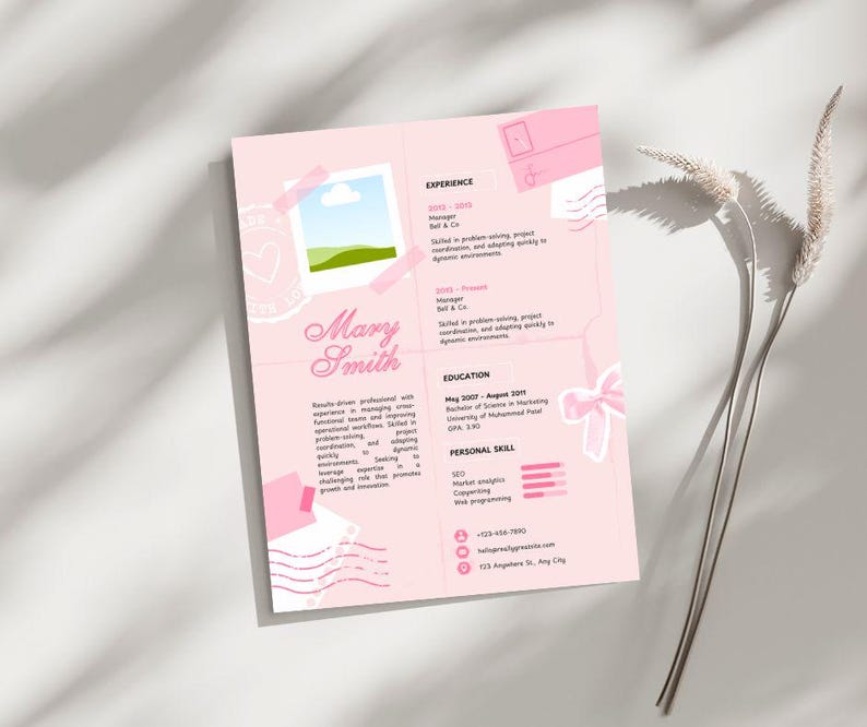 Pink Bow Resume Template for Word | CV Design | Professional Blush ...