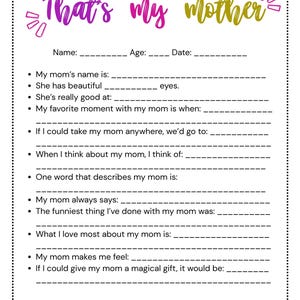 All About My Mom – Printable Mother’s Day Quiz (PDF) – Instant Download ...
