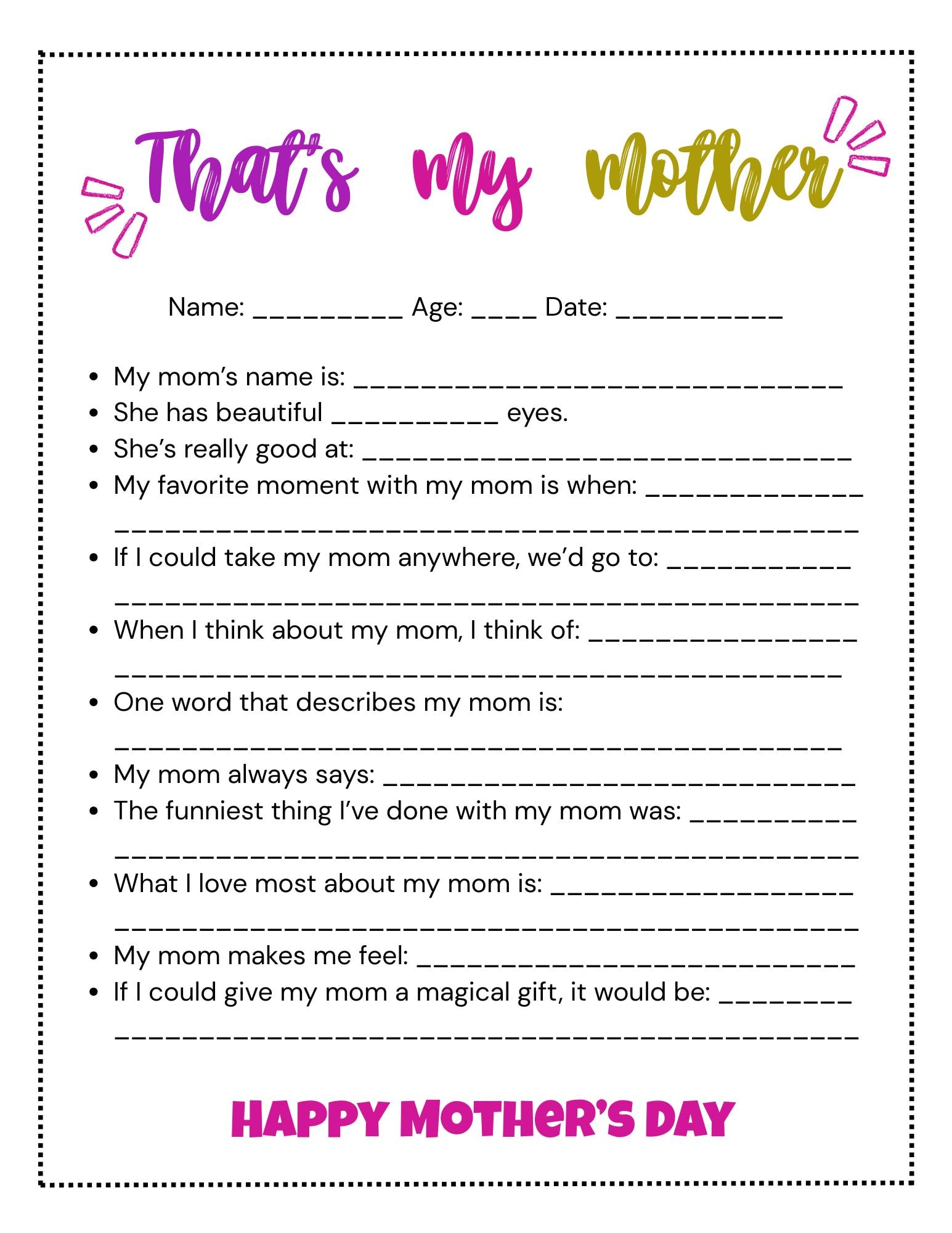 All About My Mom – Printable Mother’s Day Quiz (PDF) – Instant Download ...
