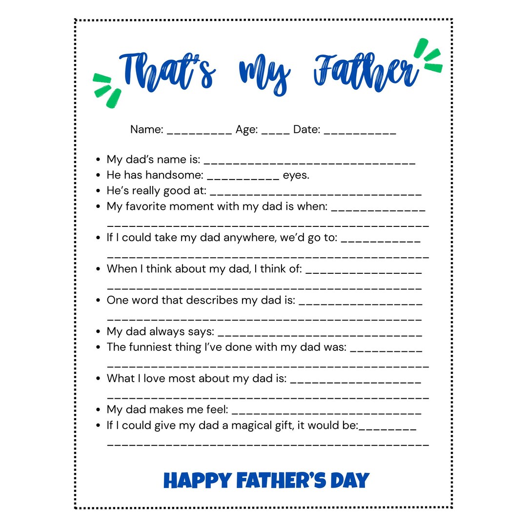 All About My Dad – Printable Father’s Day Quiz (PDF) – Instant Download ...