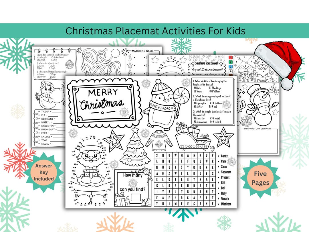 Printable Christmas Activity Placemats for Kids, Fun Holiday Coloring ...