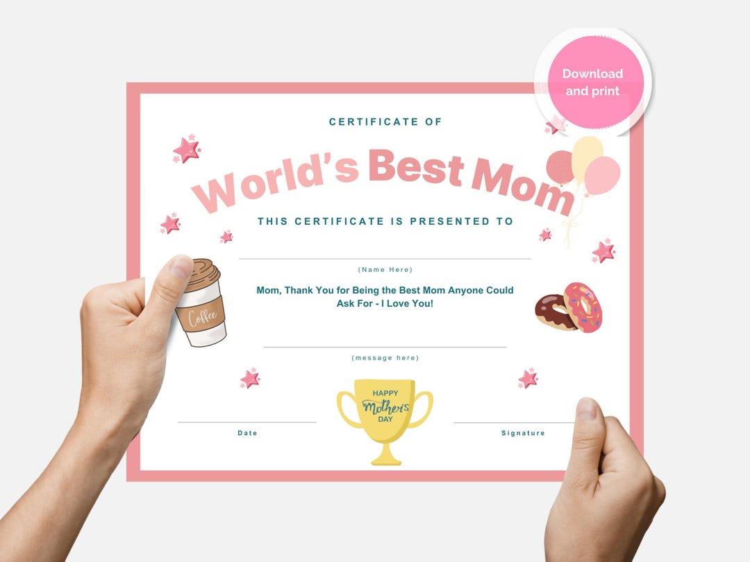 Worlds Best Mom Printable Certificate - Etsy