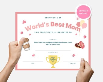 Mother's Day Certificate, Worlds Best Mom Certificate, Mother's Day ...