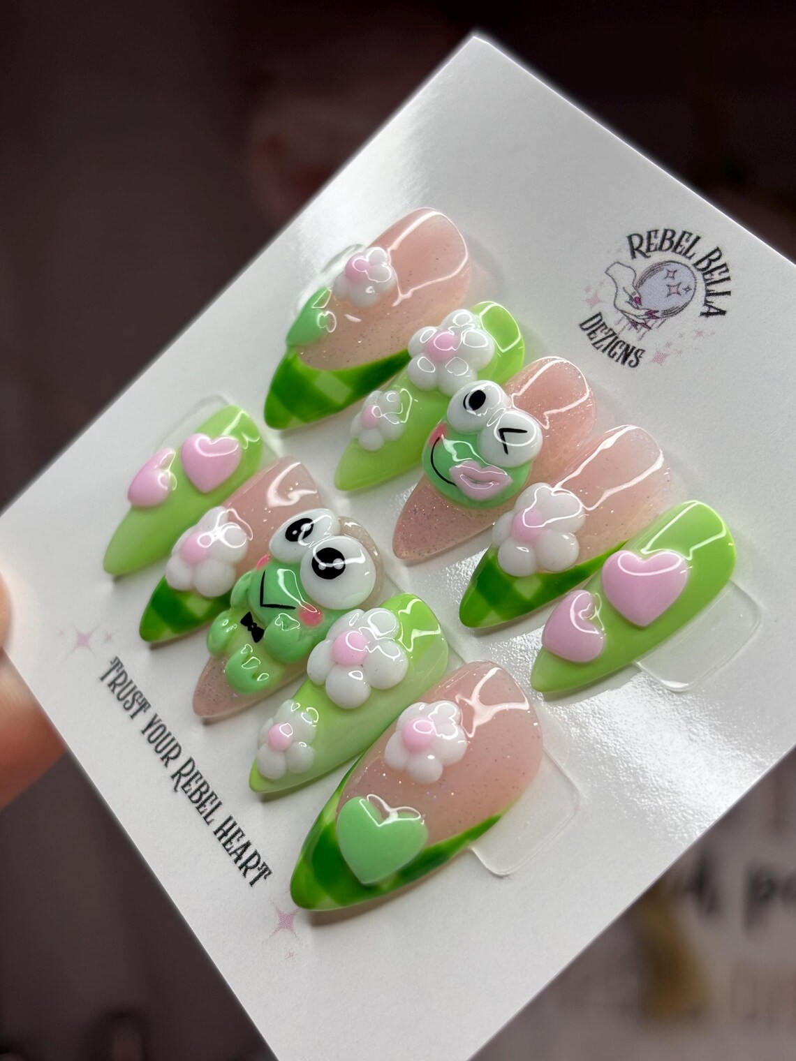 Custom Hand Painted Sculpted Frog Press on Nails / Froggy Nails / Cute ...