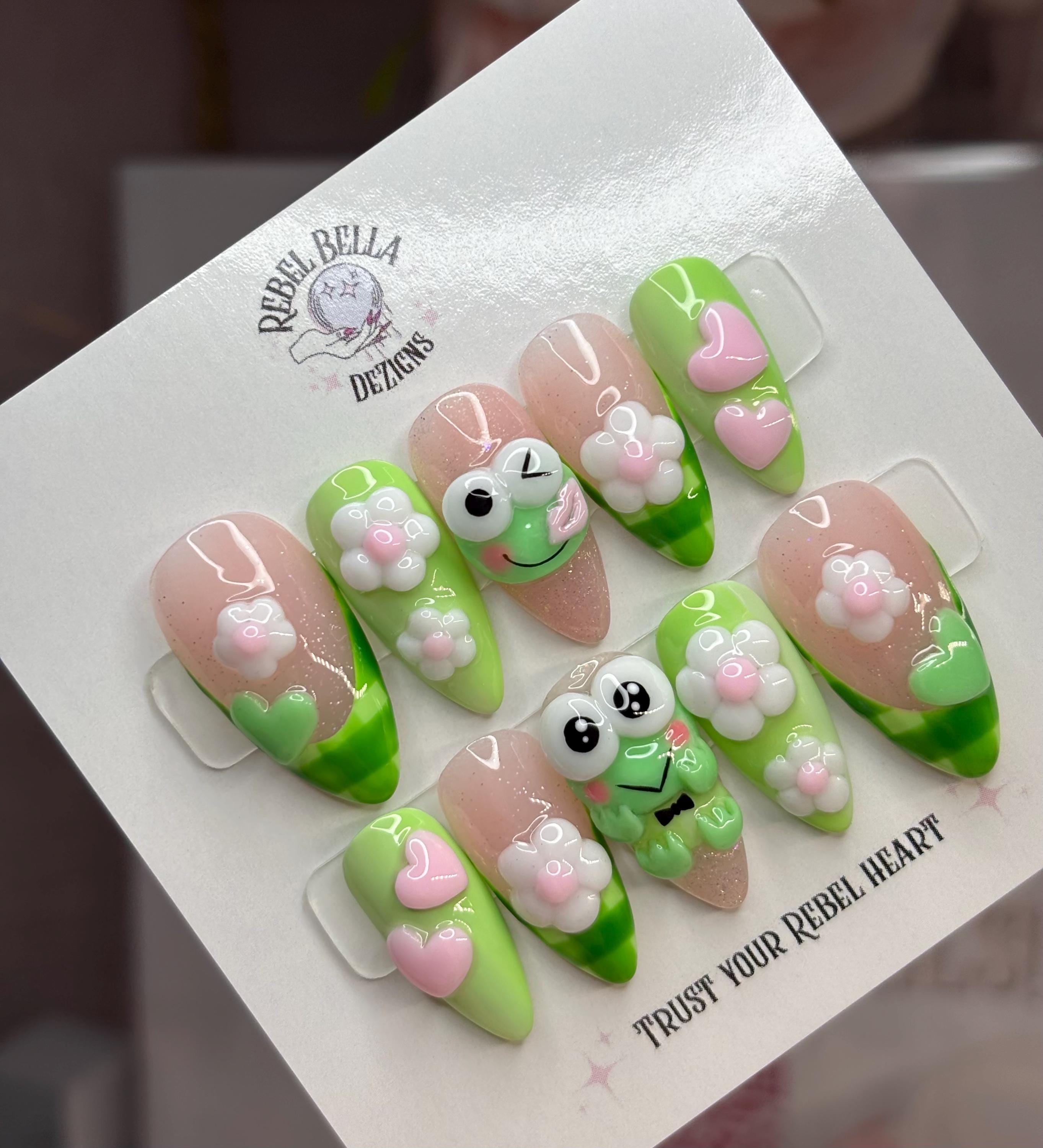 Custom Hand Painted Sculpted Frog Press on Nails / Froggy Nails / Cute ...