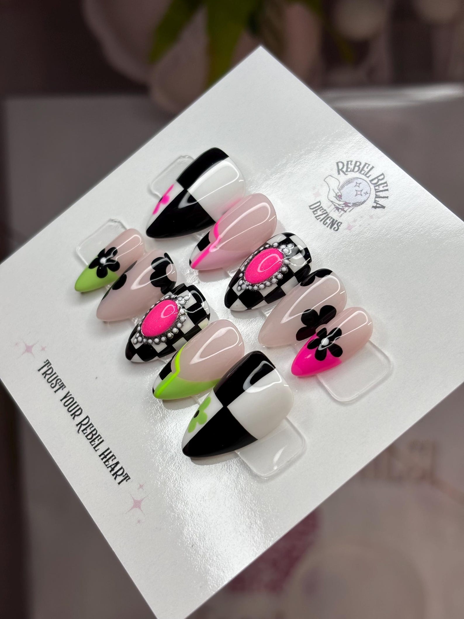 Retro Checkered Press on Nails: Neon Pink & Green Flower Design - Etsy