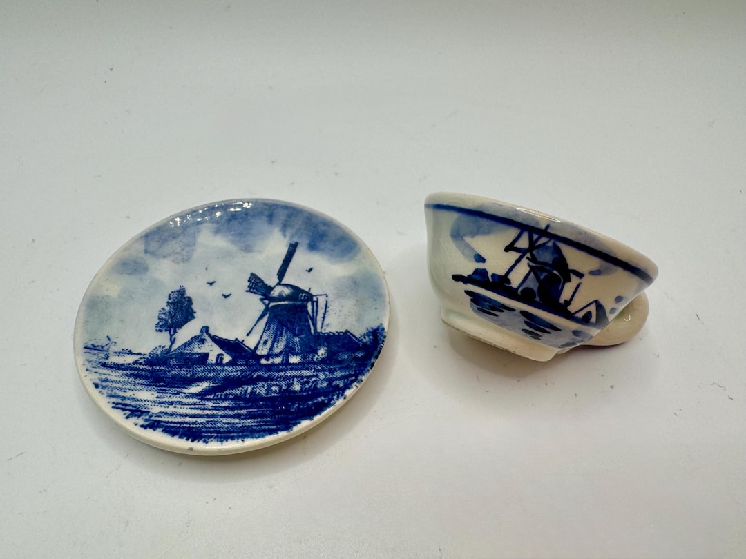 Miniature Delft Porcelain Cup and Saucer: Hand-painted Dutch Windmill ...