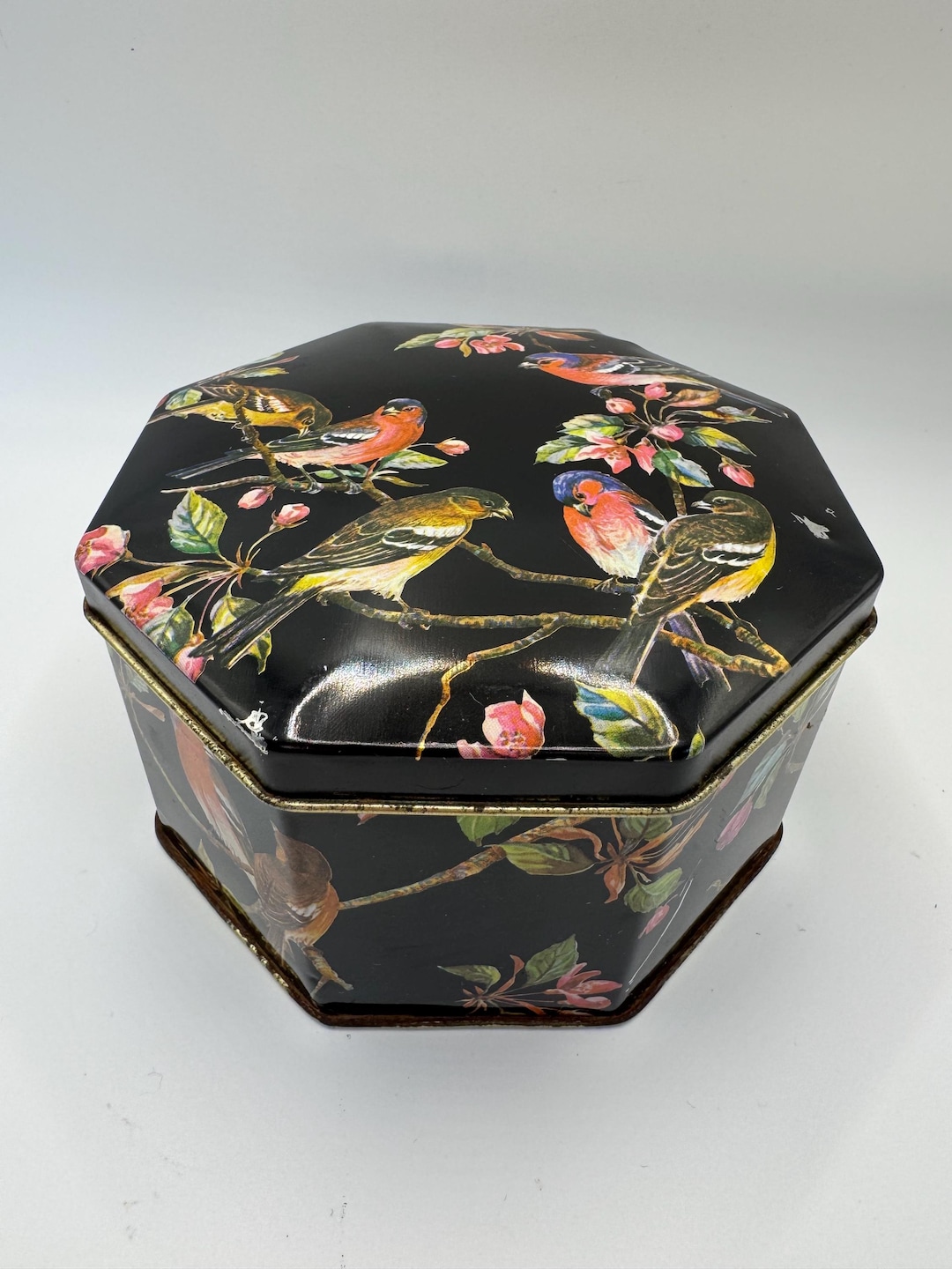 Vintage Hexagonal Tin: Birds & Flowers - Shabby Chic Storage - Made in ...