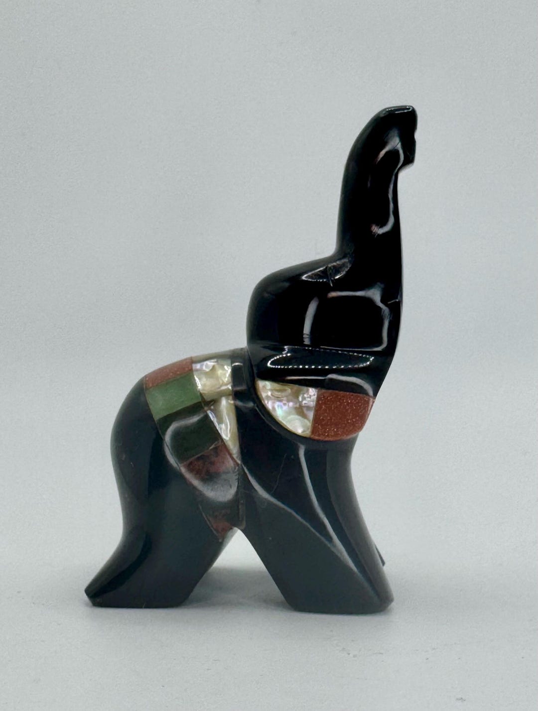 Hand Carved Obsidian Elephant With Semi Precious Stone Inlay Figurine ...