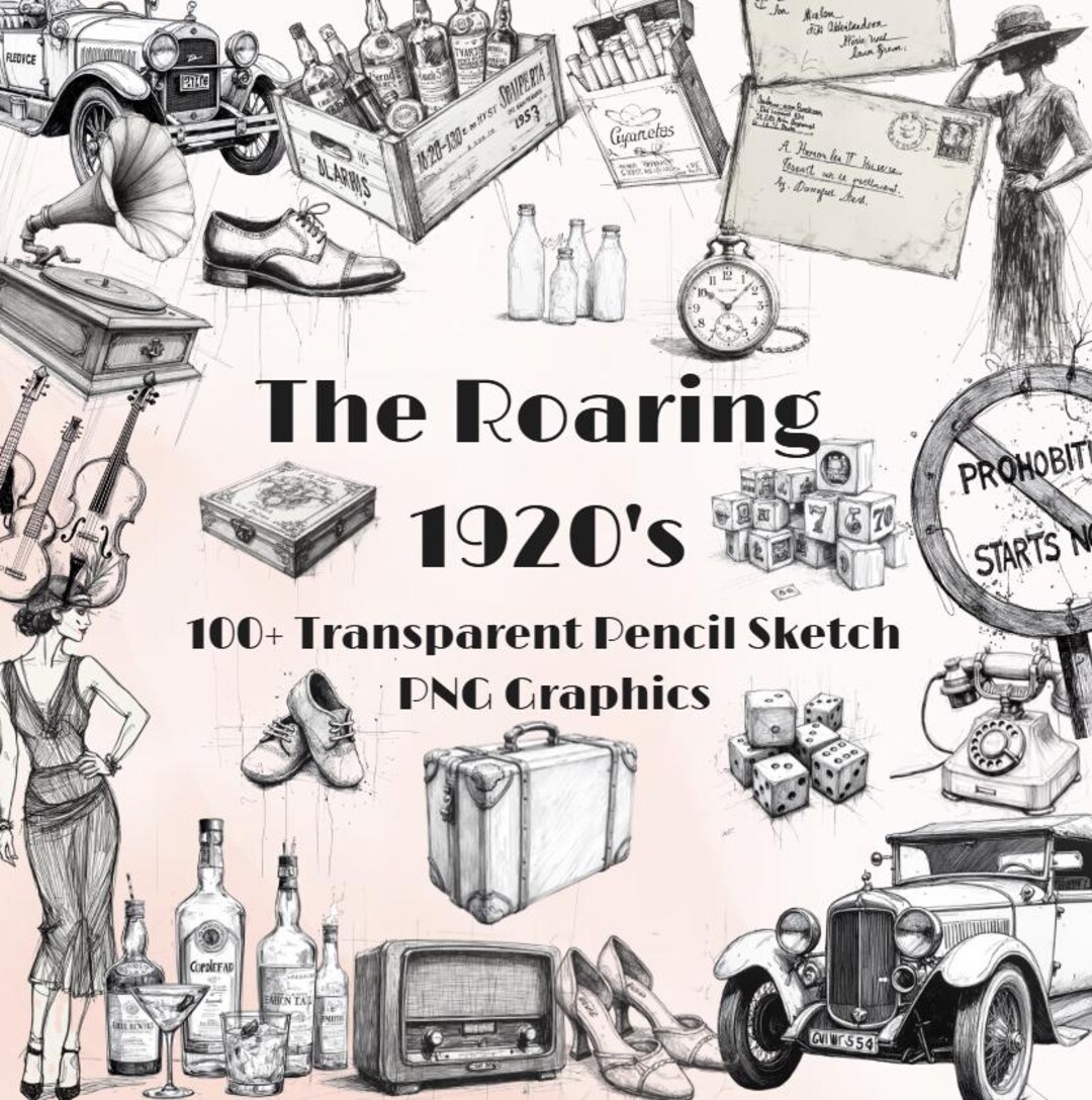 Roaring 20s Pencil Sketch Graphics: Vintage Art Deco Clipart ...