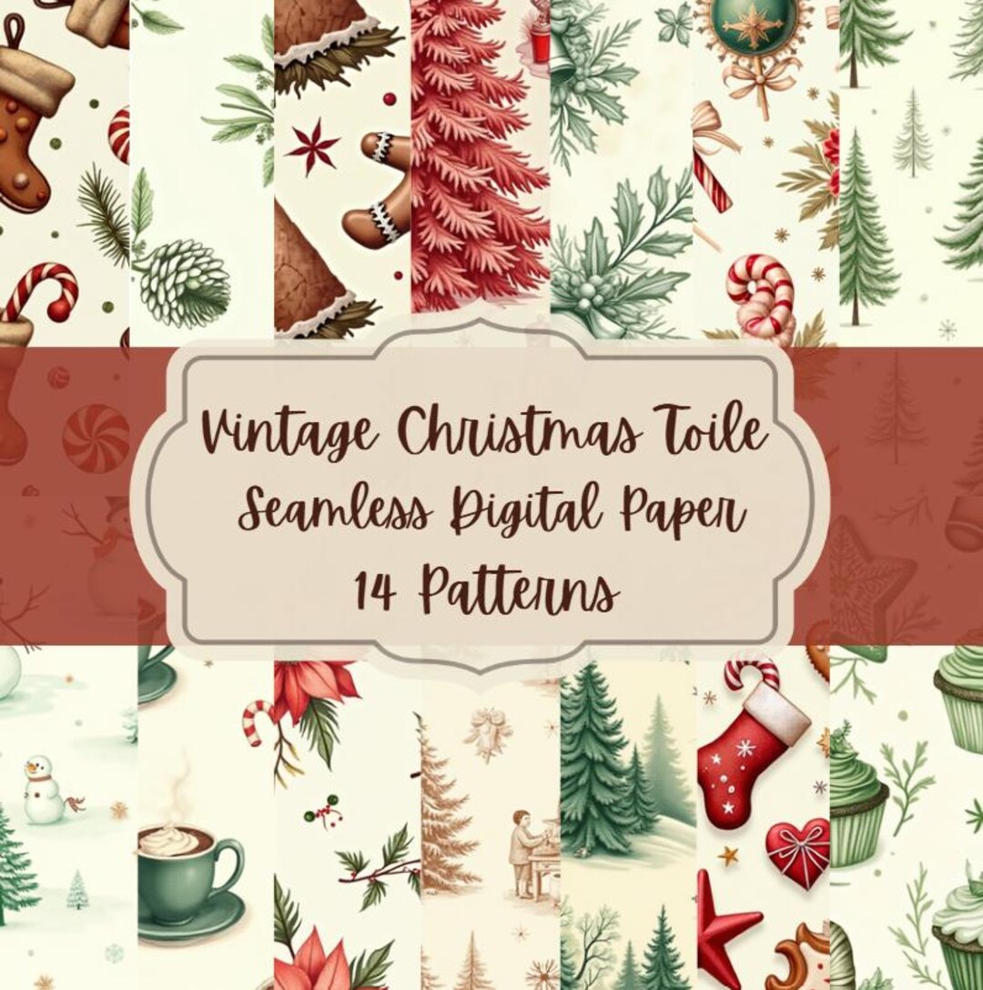 Vintage Christmas Seamless Digital Paper in Red, Green, and Brown Toile ...