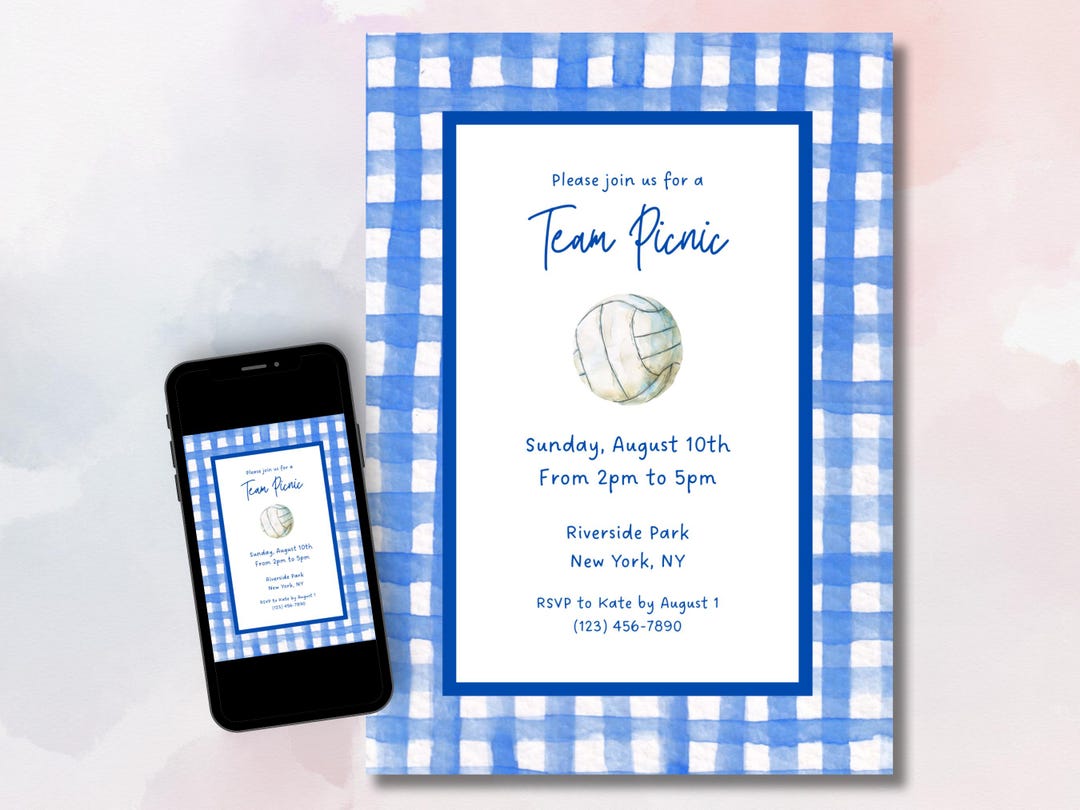 Editable Blue Volleyball Team Party Invite | Vball Picnic | Volleyball ...