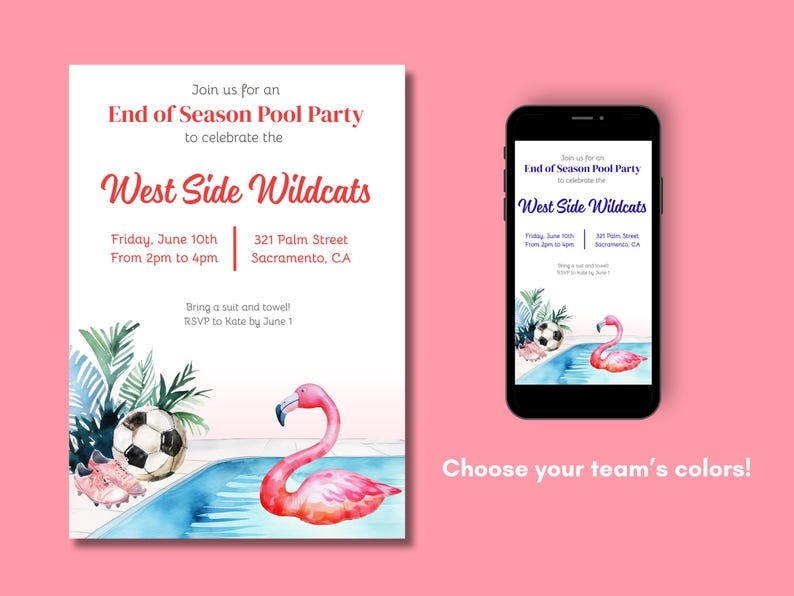 Soccer Pool Party Invitation | End of Season Girls Football Team Invite ...
