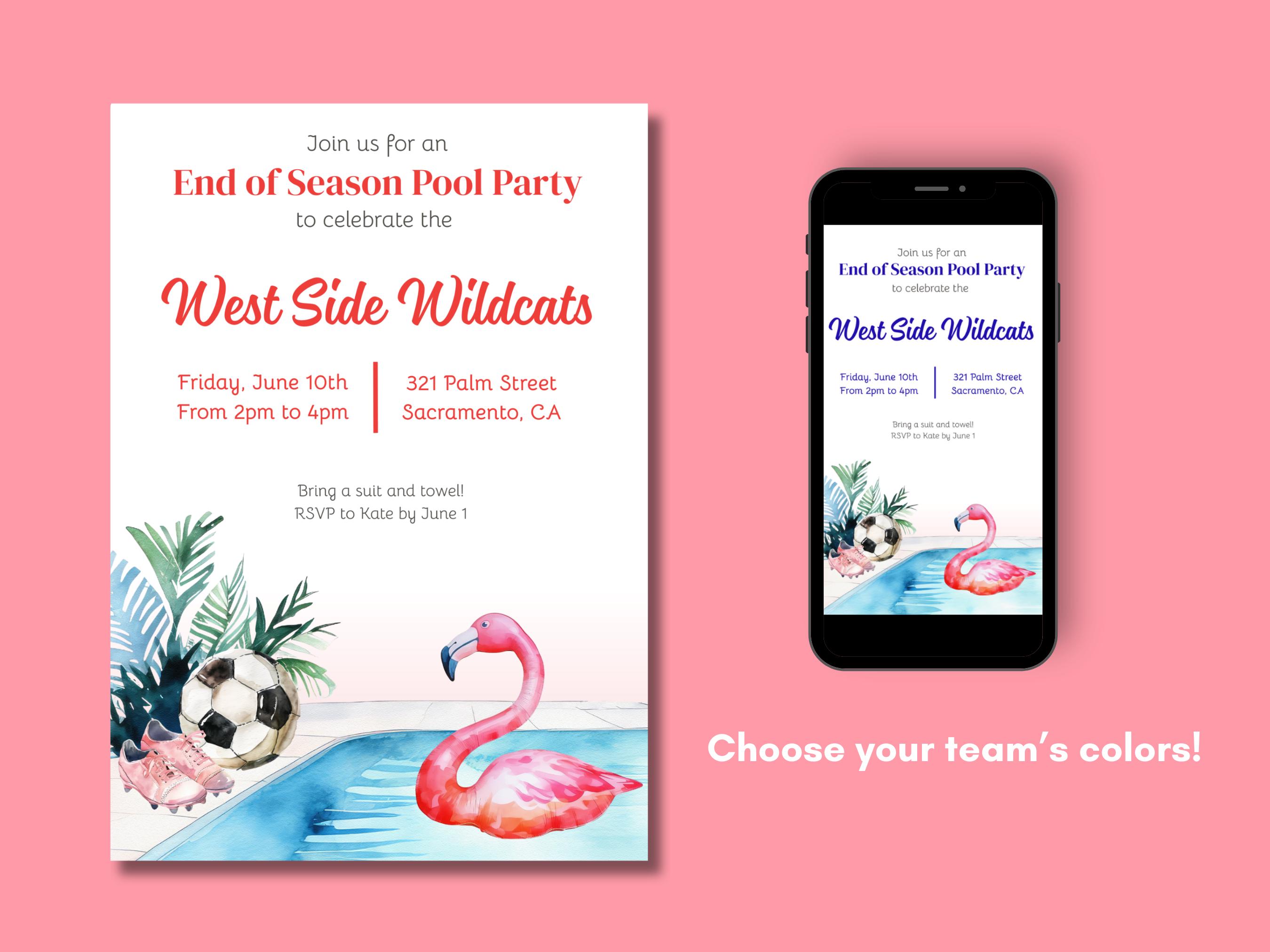 Soccer Pool Party Invitation | End of Season Girls Football Team Invite ...