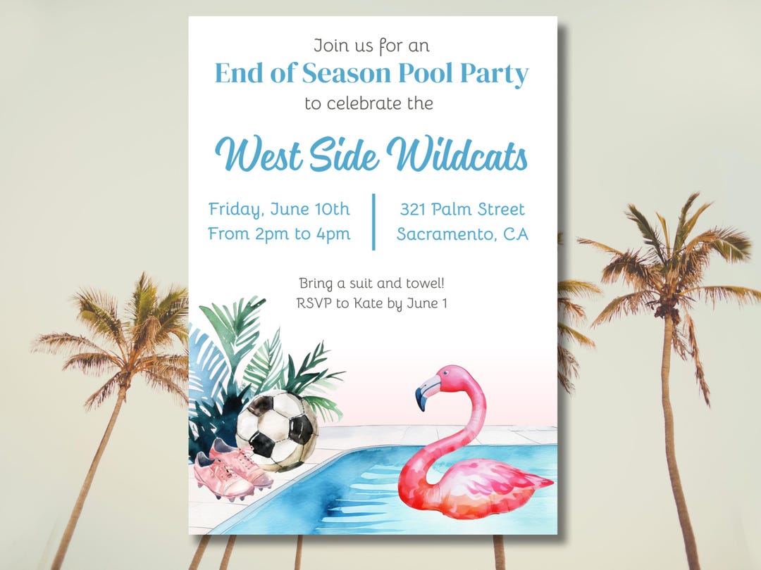 Soccer Pool Party Invitation | End of Season Girls Football Team Invite ...