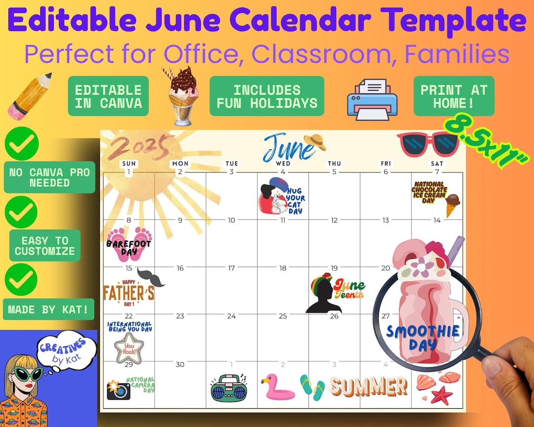 Fun June 2025 Calendar Printable Download - Editable Canva Template ...