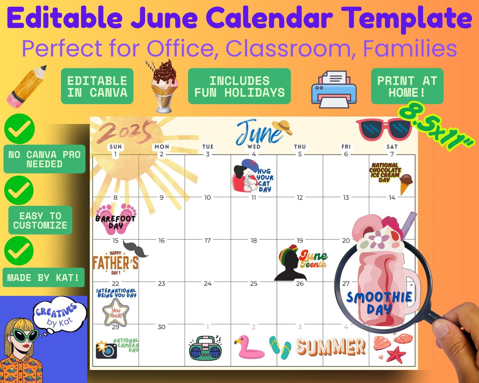 Fun June 2025 Calendar Printable Download - Editable Canva Template ...