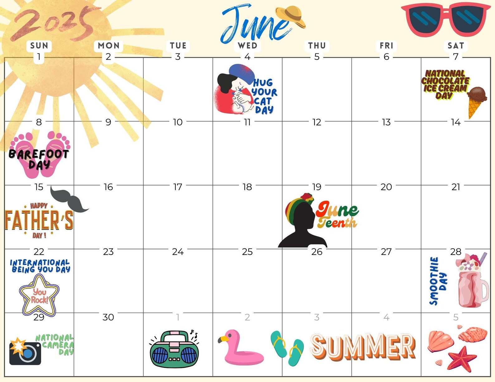 Fun June 2025 Calendar Printable Download - Editable Canva Template ...