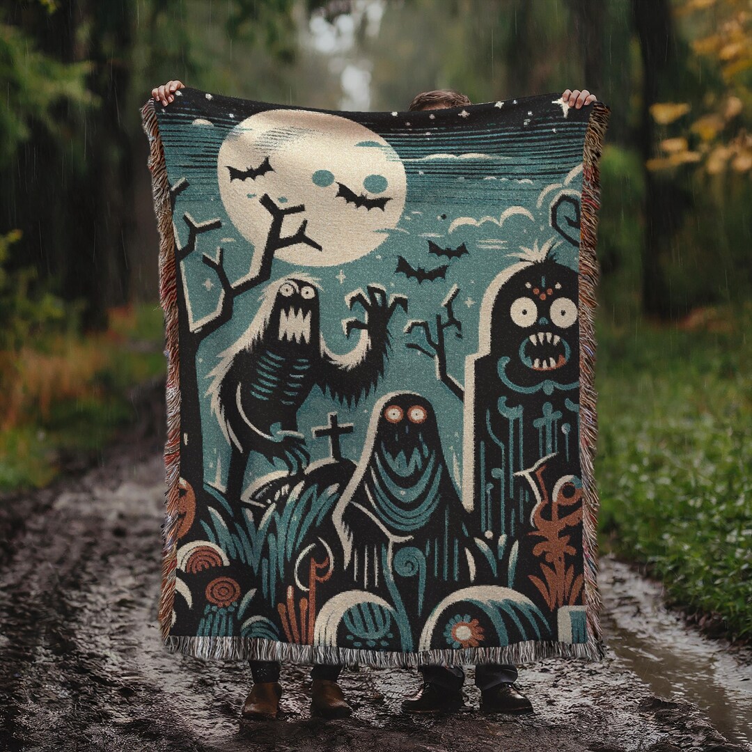 Spooky Retro Halloween Throw Blanket | Graveyard Tapestry Wall Art ...