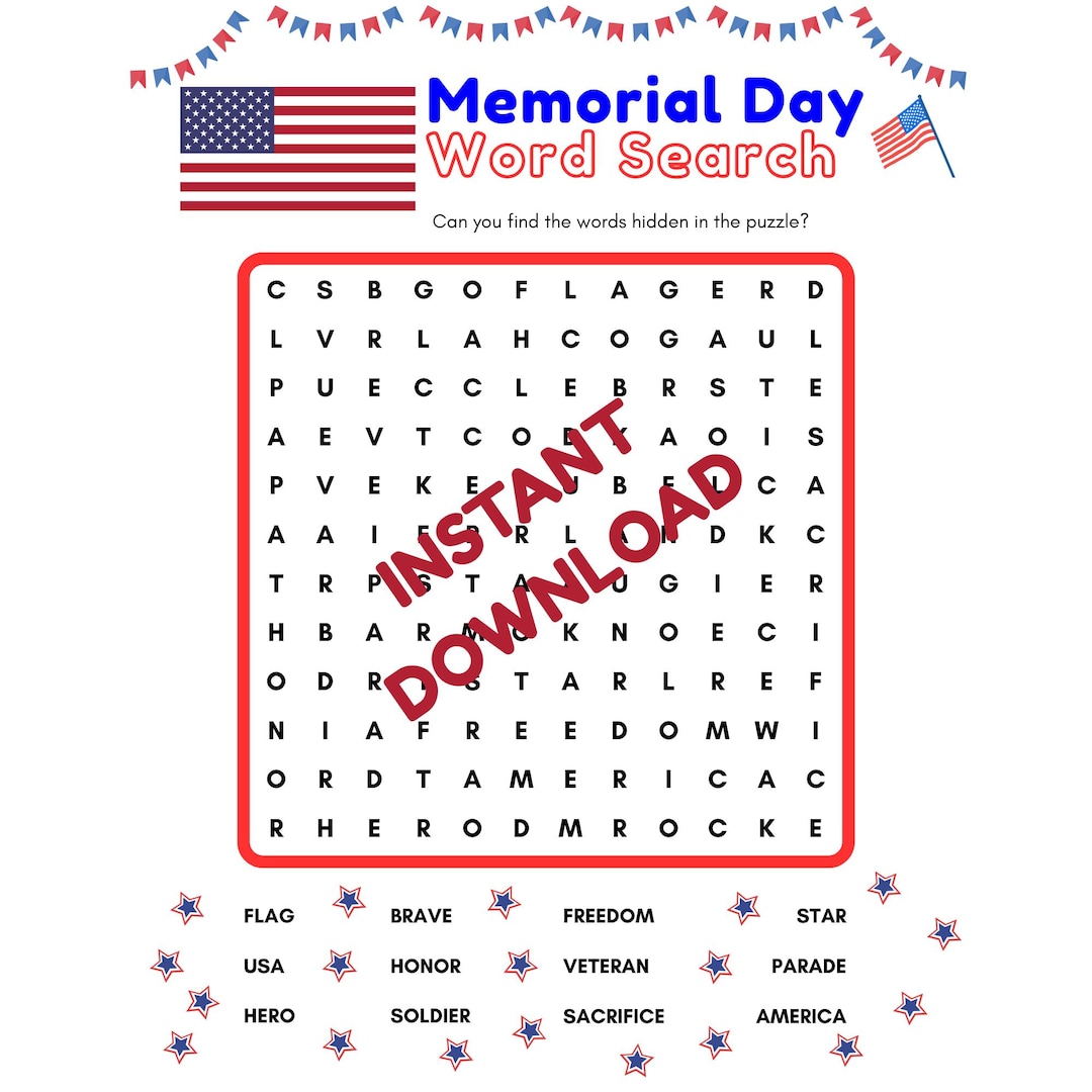 Memorial Day Word Search Printable - Patriotic Puzzle Game for Kids and ...