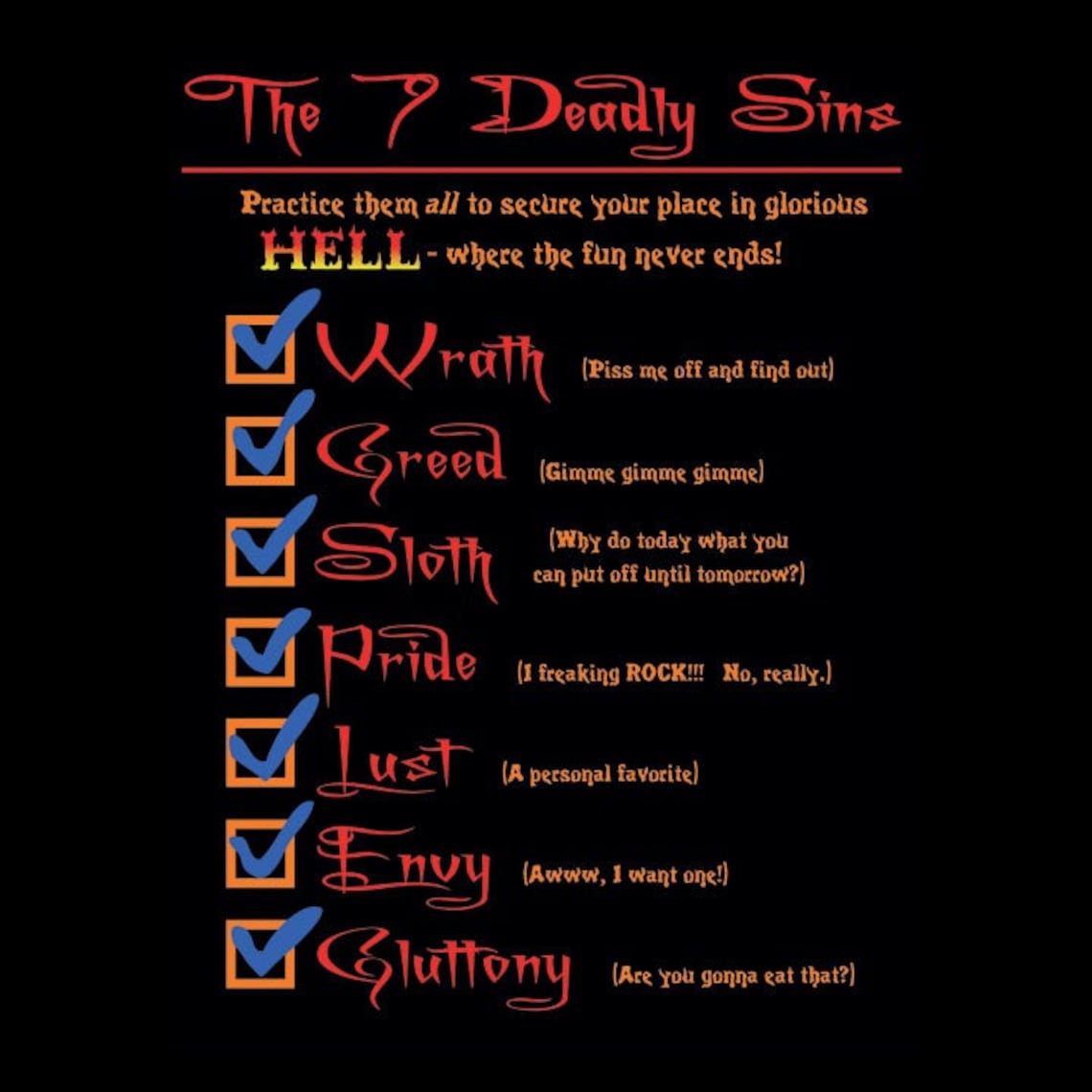7 Deadly Sins Checklist T-shirt - FREE Shipping in US - Etsy