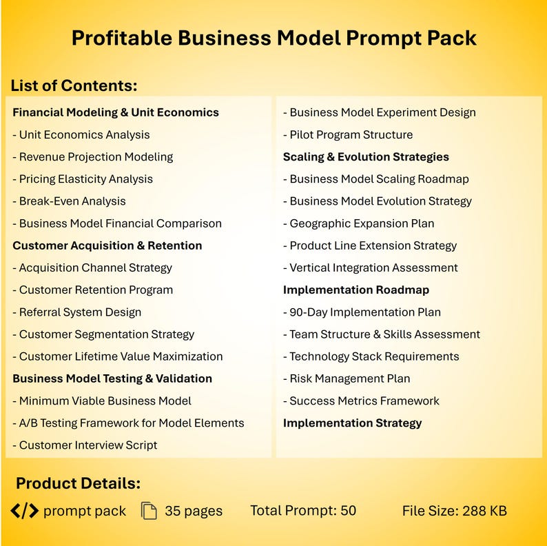 Profitable Business Model AI Prompt Pack – 35-page PDF Guide - Etsy