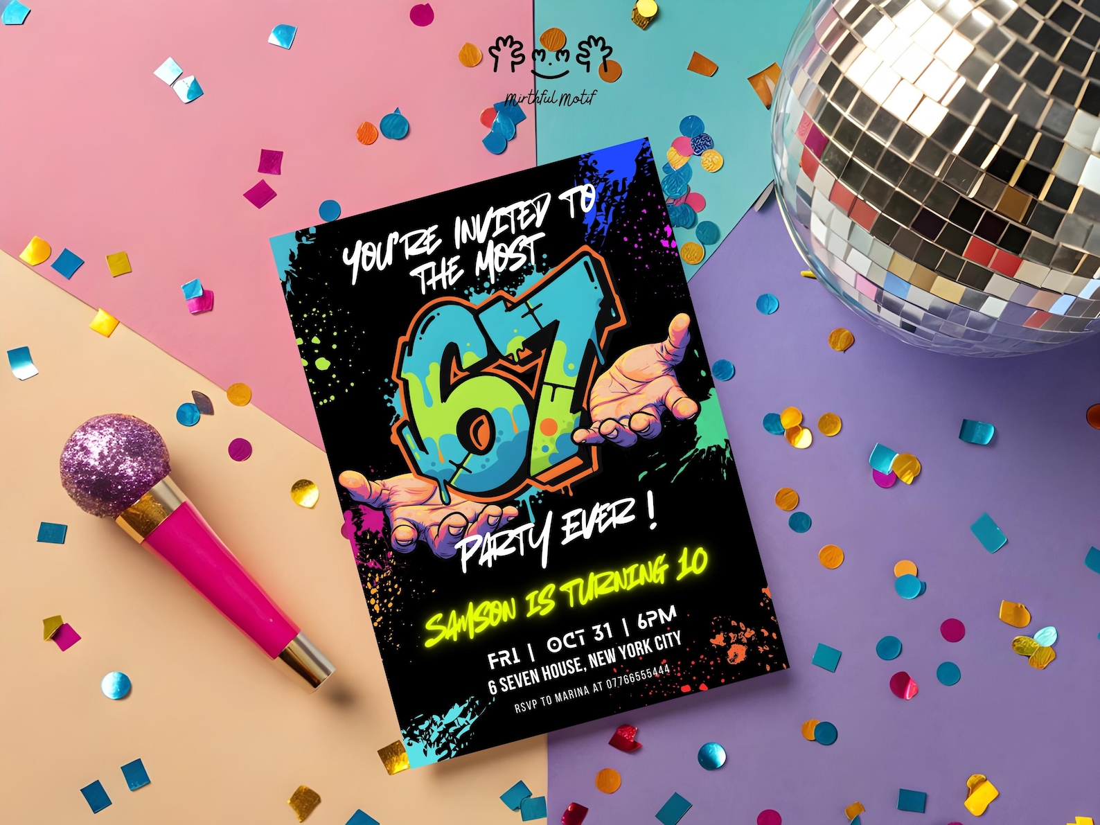 Six Seven Graffiti Kids Birthday Party Invitation Template, 67 Viral ...