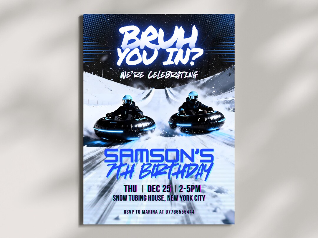 Snow Tubing Birthday Party Invitation, Kids Neon Ski Tube Party Invite ...