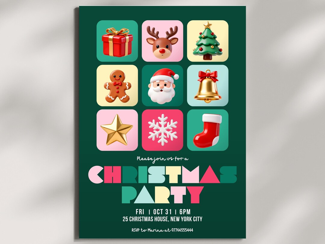 Cute Christmas Party Invitation Template, Santa Reindeer Gingerbread ...