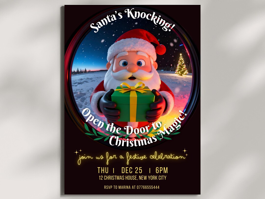 Santa Christmas Party Invitation Template, Classic Holiday Santa Claus ...