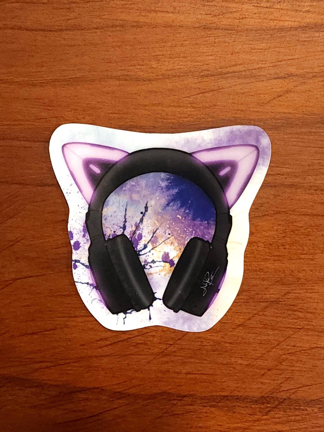 Purple Cat Ear Headphones Sticker - Glowing Aesthetic Tech Vinyl Decal ...