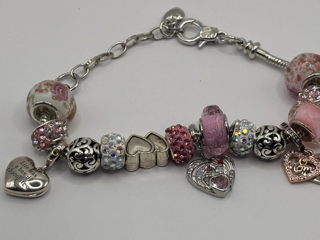 Pink European Style Beaded Slider Charm Silver Tone Bracelet - Etsy