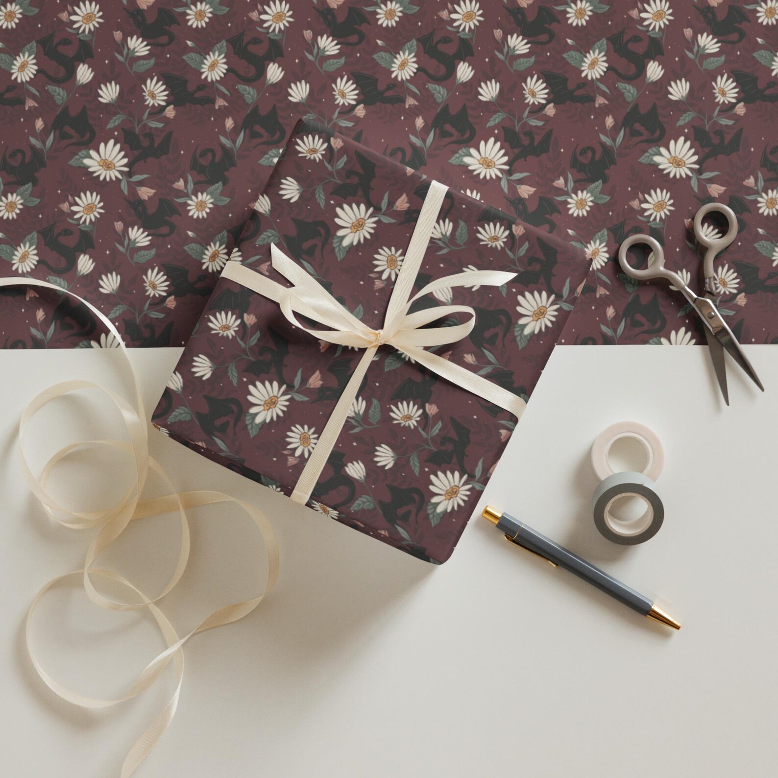 Dragon Wrapping Paper Sheets | Dragon Floral Gift Wrap | Fantasy ...