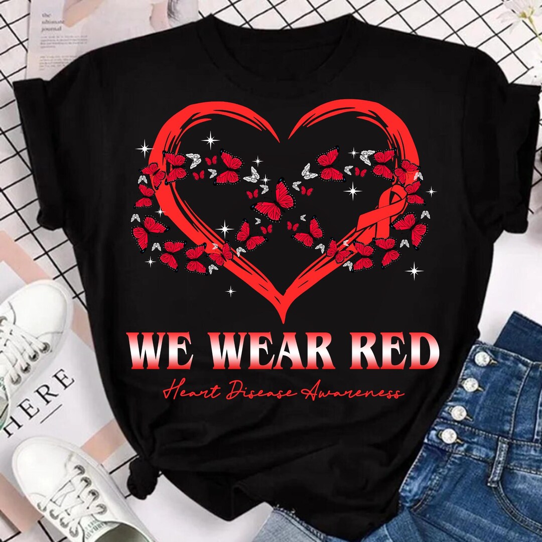 We Wear Red Heart Disease Awareness PNG, Red Ribbon Butterfly ...