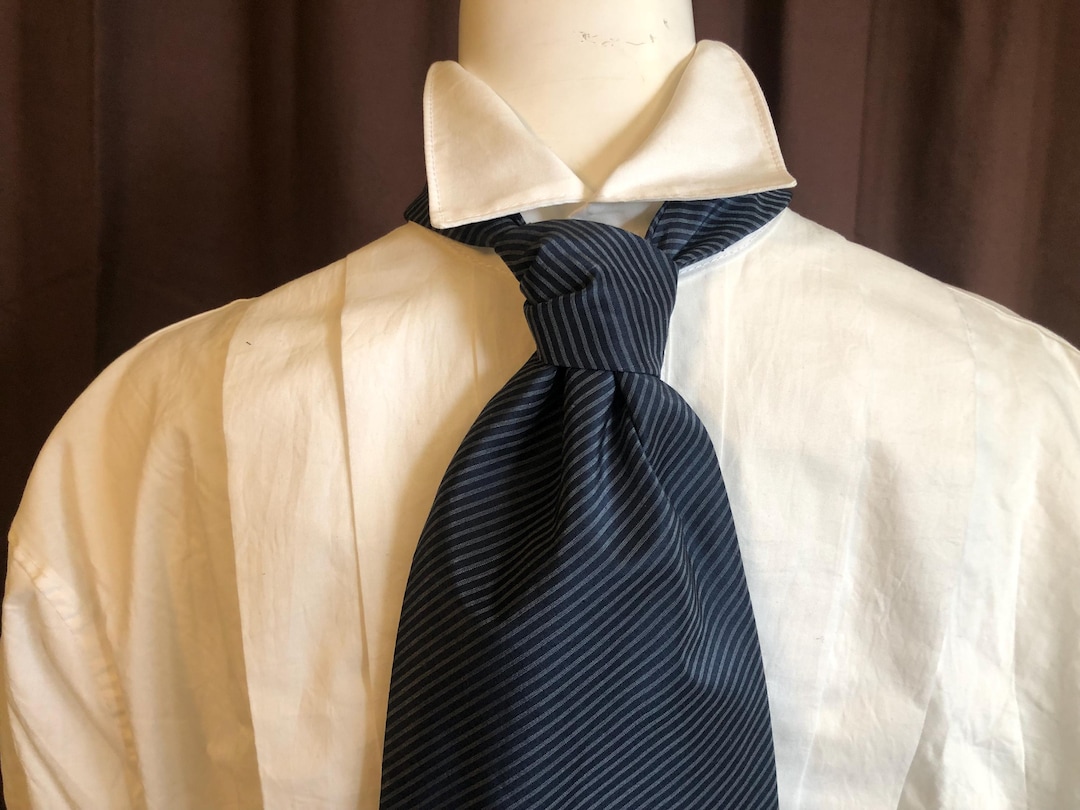 Ascot or Cravat - Navy Blue and Gray Stripe Silk Necktie - Historic ...
