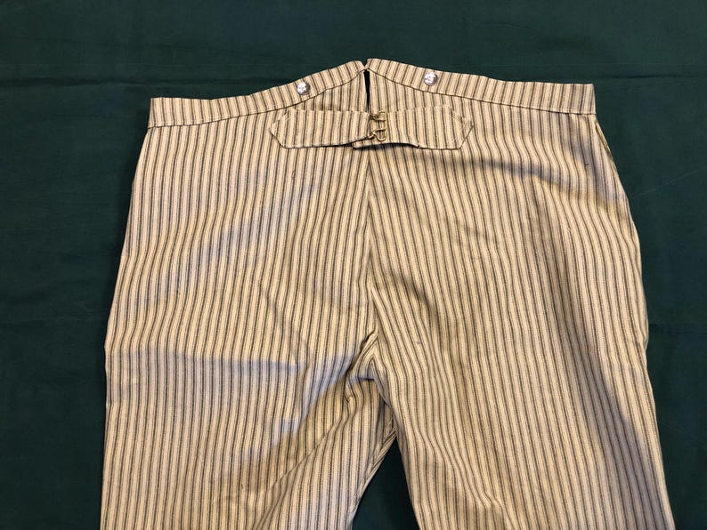 41" Waist Button Fly Fishtail Back Trousers - Green Cotton Stripe, Old ...