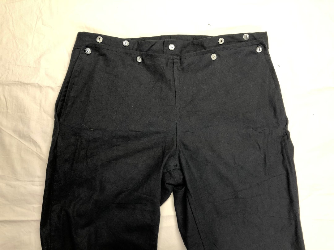 30" Waist - Drop/fall Front Trousers - Black Cotton Canvas - 2 Pockets ...