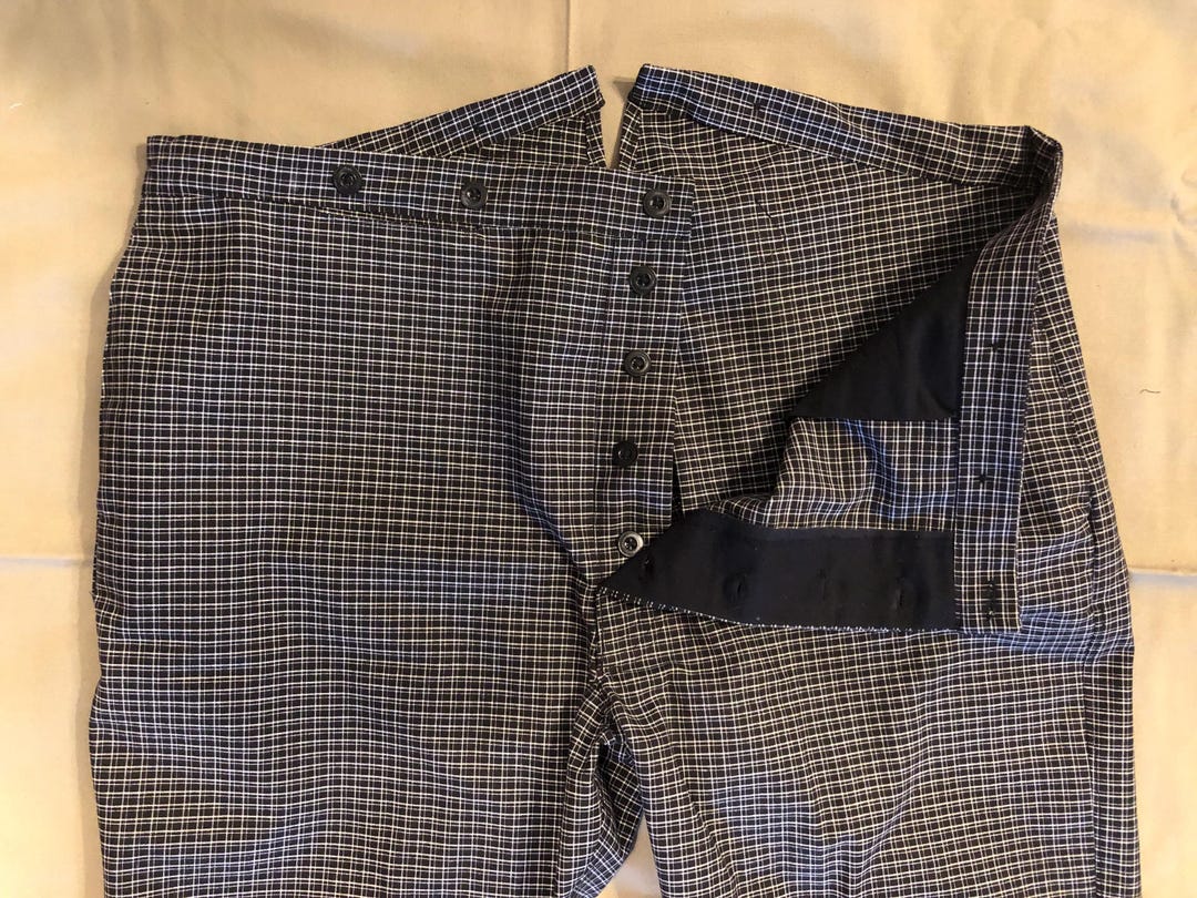 42" Waist Button Fly Fishtail Back Trousers - Black Woven Plaid Cotton ...