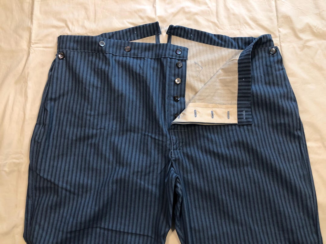 52" Waist Button Fly Fishtail Back Trousers - Blue Printed Striped ...