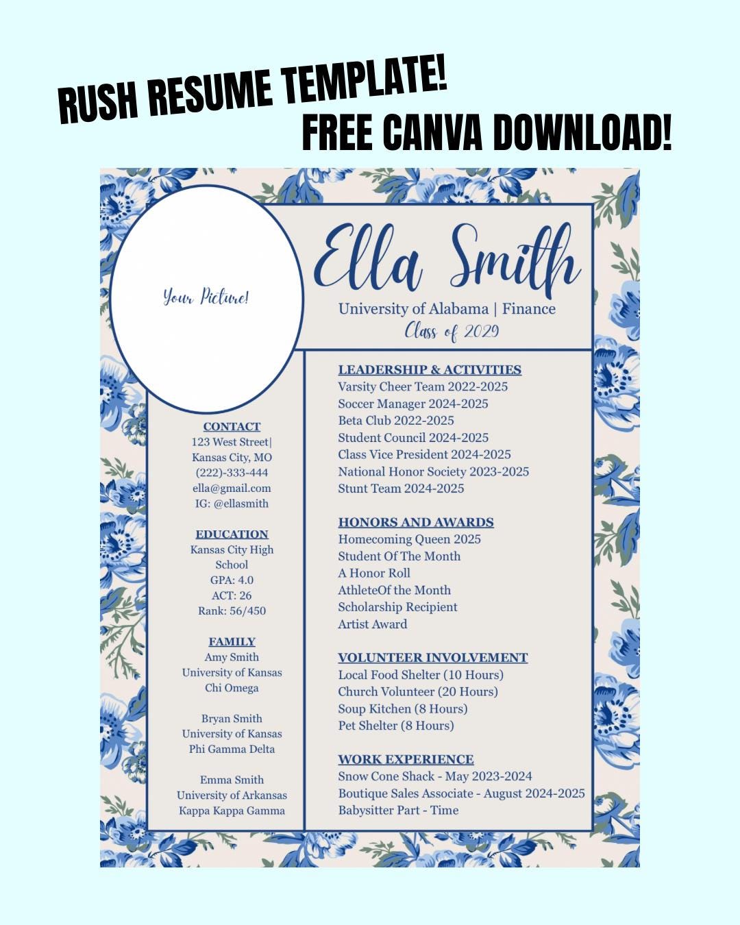 Blue Floral Resume - Perfect for Rush! - Etsy