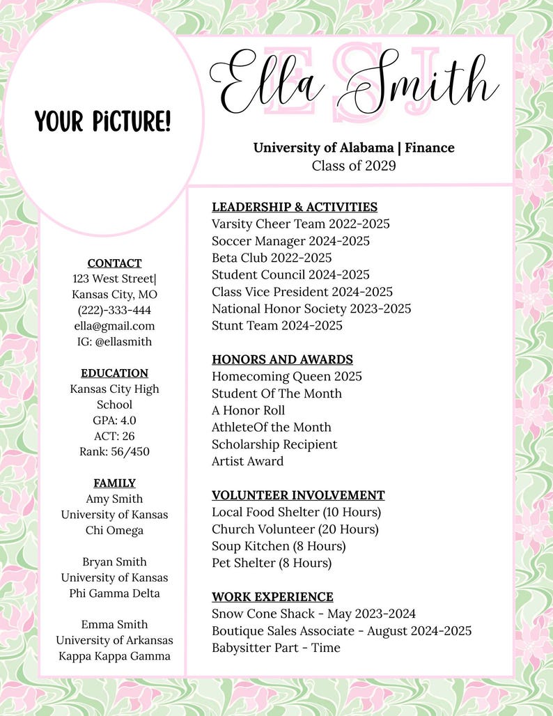 Pink and Green Resume Template: Sorority Recruitment Canva Design - Etsy